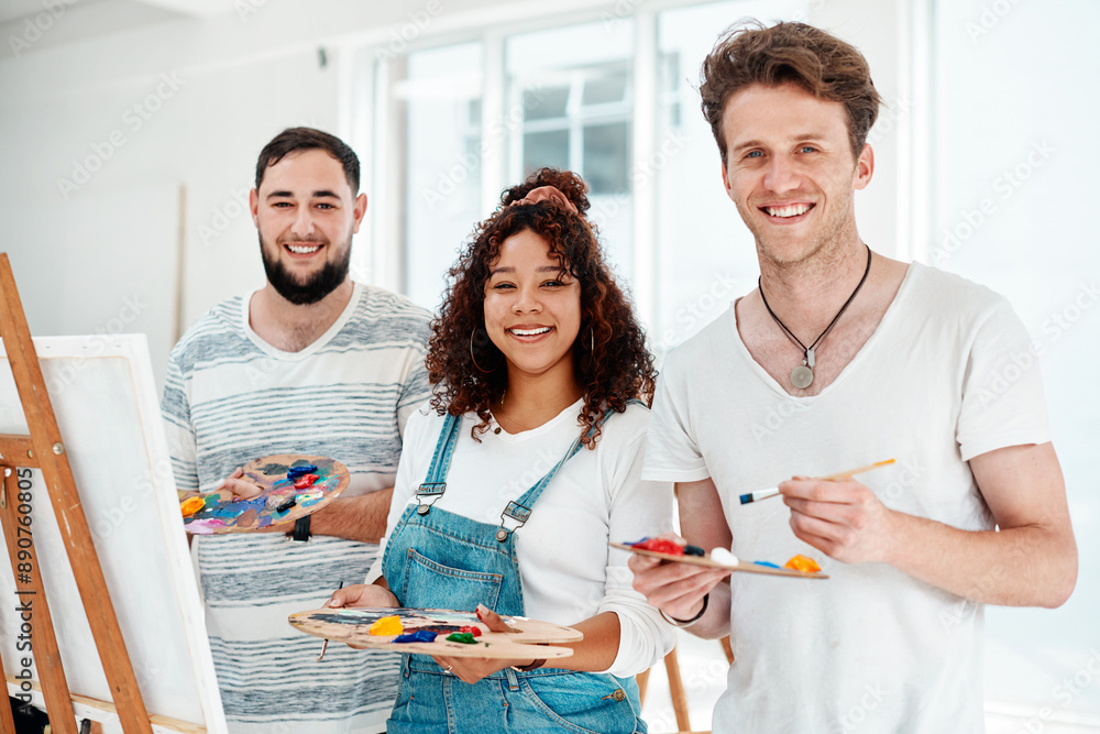 People, artist and smile with sketch in art studio for talent, hobby ...