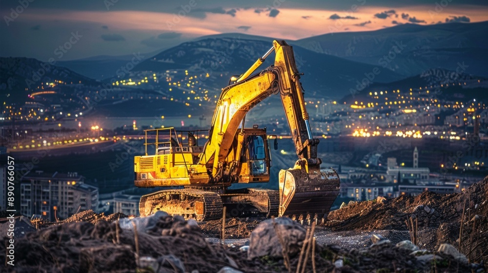 Powerful crawler excavator working on construction site during twilight ...