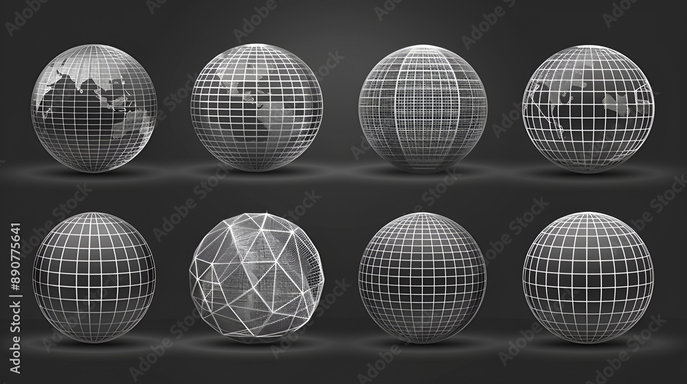 globe grid spheres. Vector symbol collection featuring striped three-dimensional spheres, globe ...