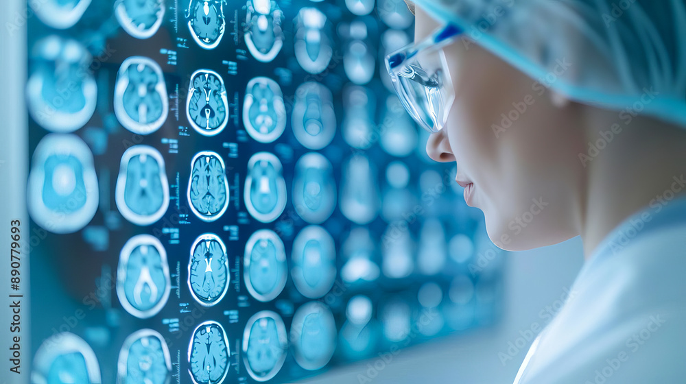 Medical professional examining brain scans on a lightbox, showcasing ...