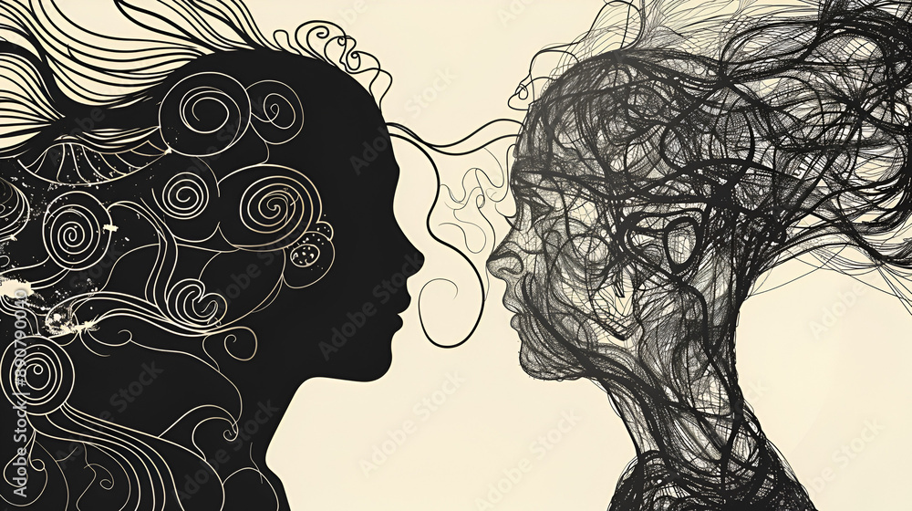 Psychotherapy and psychology: knot and untangle. Line drawing in a ...