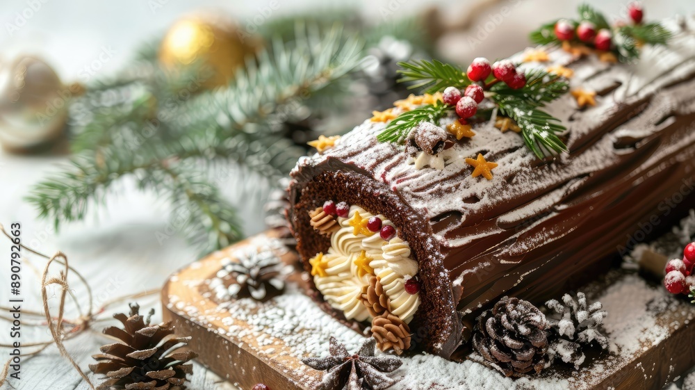 Chocolate yule log with festive decorations, creamy swirls, and ...