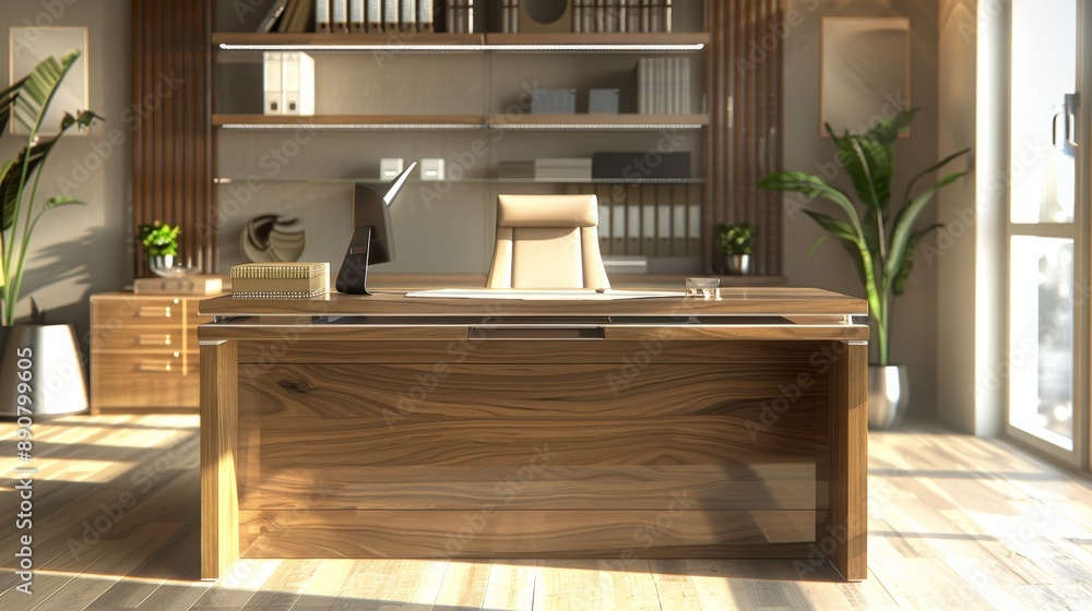 Contemporary office desk with drawers and shelves. Modern design with ...