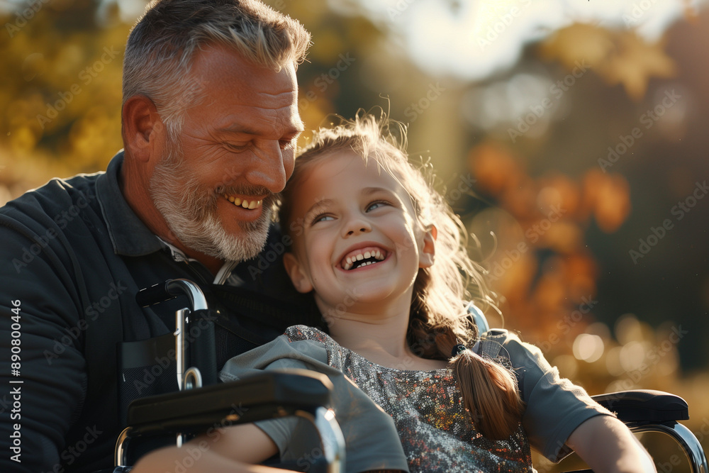 Happy candid father hugging disabled daughter sitting in a wheelchair ...