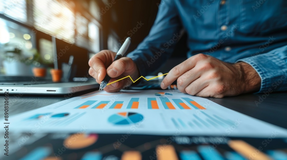Businessman sketches an upward arrow chart, projecting corporate growth ...
