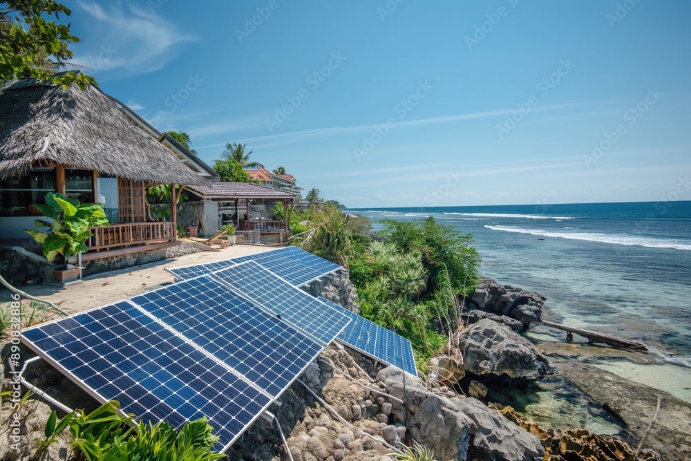 Thatched beach house with solar panels on a cliff overlooking the ocean ...