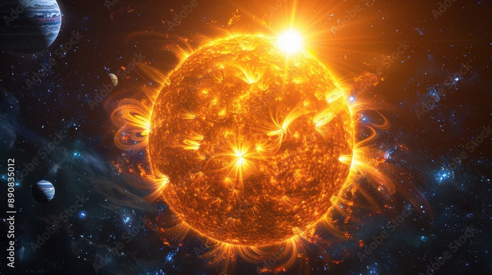 The surface of the sun with solar flares. Realistic close-up image of ...