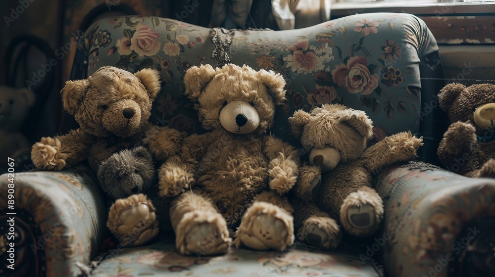 A tattered teddy bear on a worn sofa, a silent witness to the harsh ...