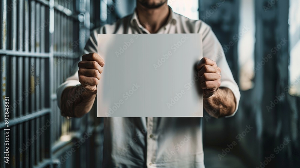 man inside a prison holding a blank sign Stock Photo | Adobe Stock