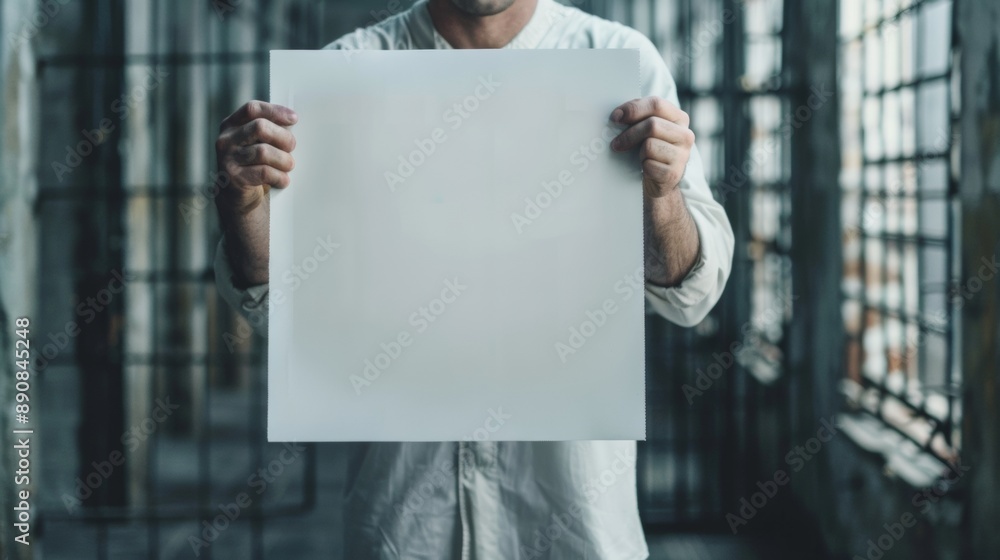 man inside a prison holding a blank sign Stock Photo | Adobe Stock