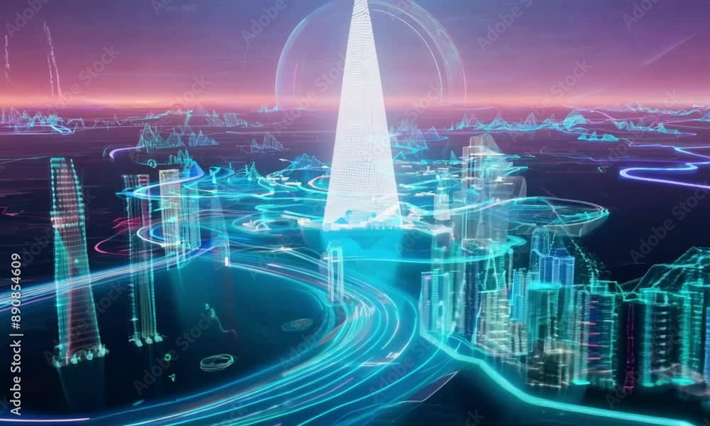 Vast digital landscape with floating islands, glowing rivers, and ...