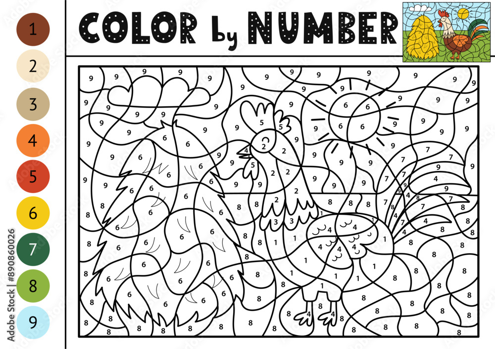 Color by number activity page for kids with a cute rooster. Farm animal ...