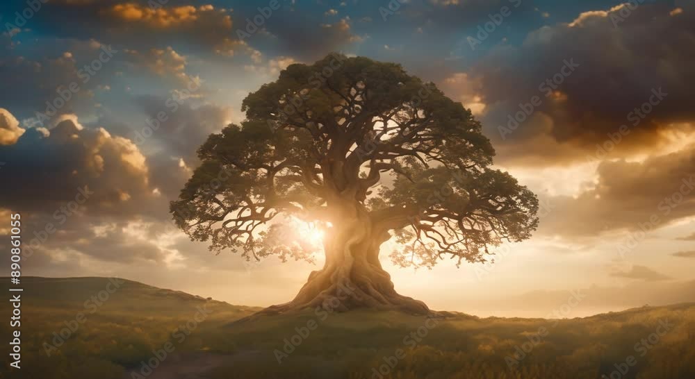 Mythical fantasy folklore Yggdrasil world tree of life with horizon ...