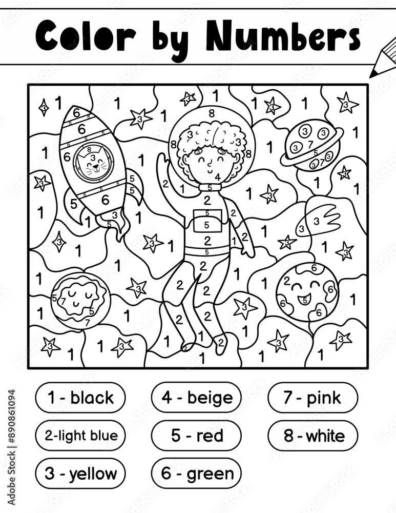 Color by number game. Space activity page for kids. Cute astronaut boy ...
