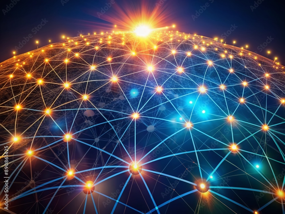 Interconnected glowing lines and nodes form a complex network ...