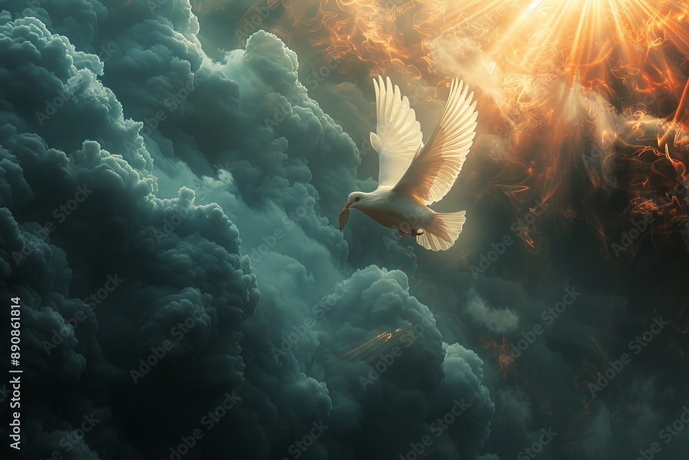 Pentecost concept with bright sunlight and strong light shining through ...