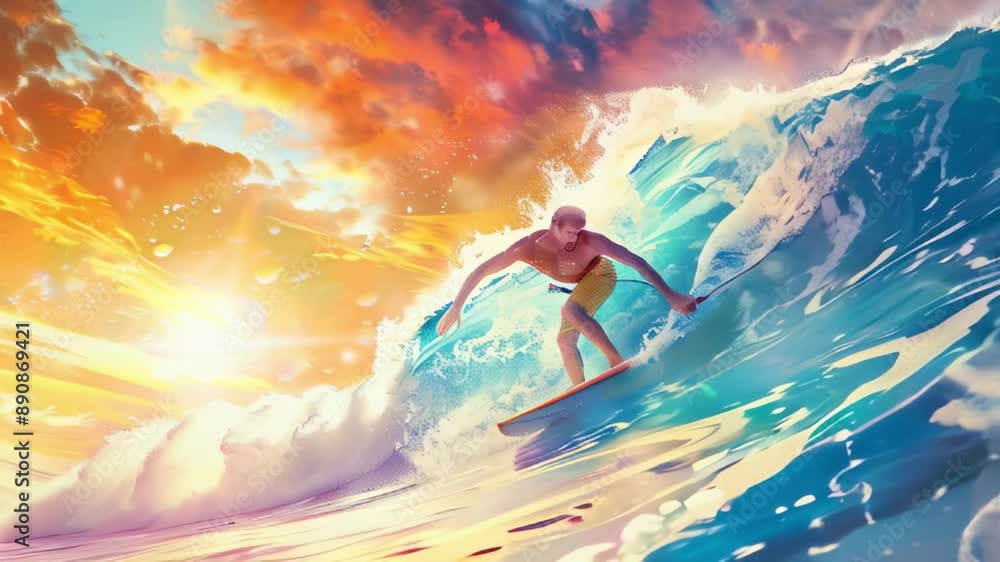 A dynamic digital illustration of a surfer catching the waves, full of ...