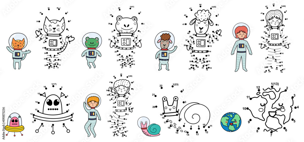 Space dot to dot games bundle. Connect the dots and draw cute ...