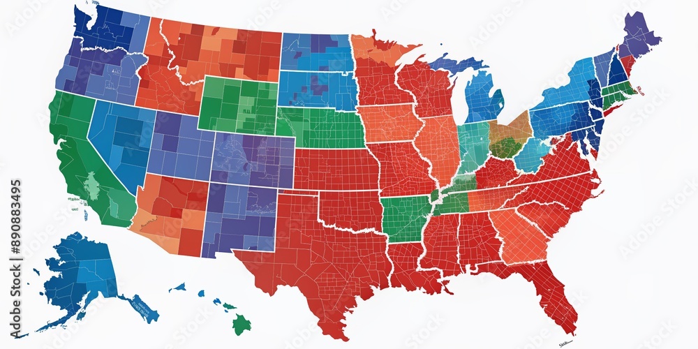 Colorful illustrated map of the United States showcasing electoral ...