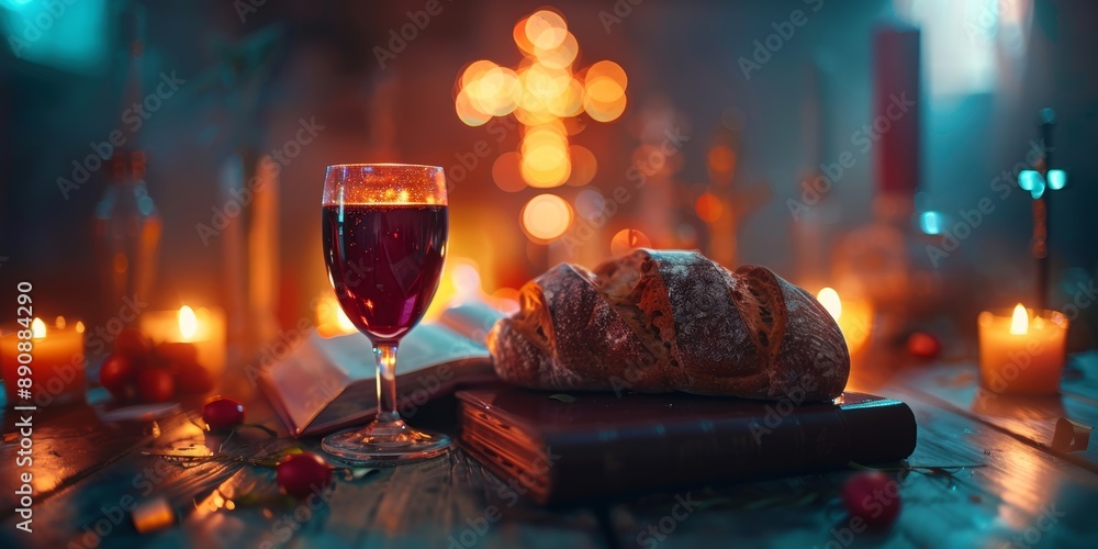 Holy Communion last supper bread and wine and bible book symbolizing ...