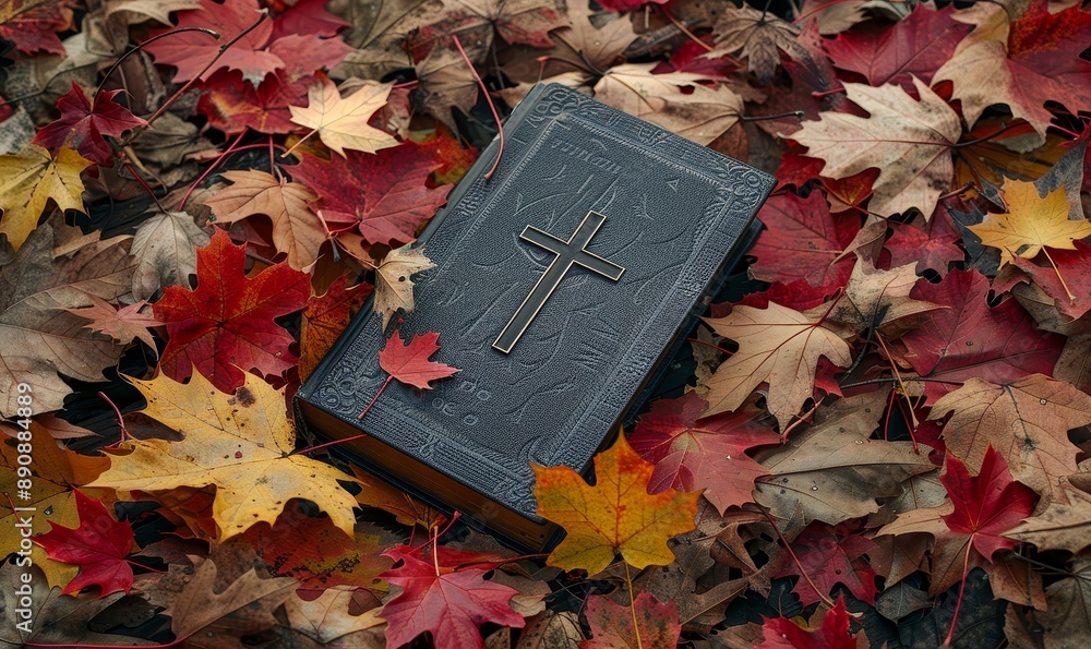 Holy cross of Jesus Christ and bible book among autumn leaves, red ...