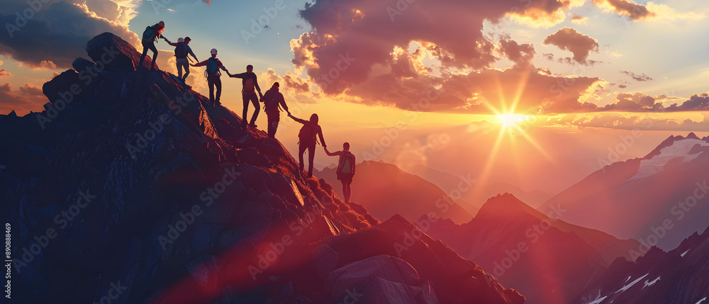 Dynamic sunset scene capturing a diverse group of climbers working ...