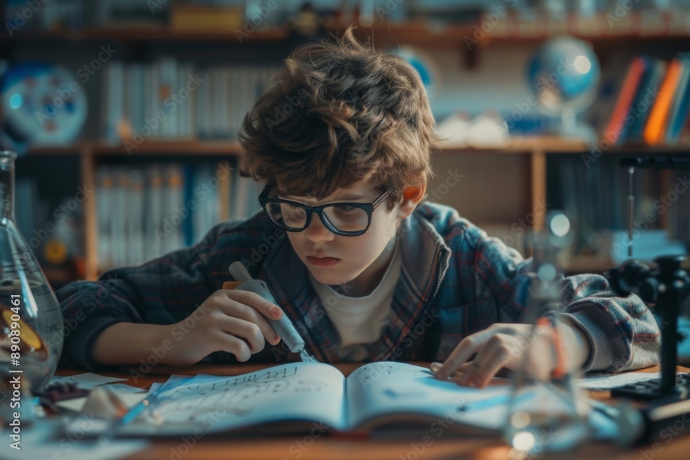 Motivated young boy studying biology in a school classroom ...