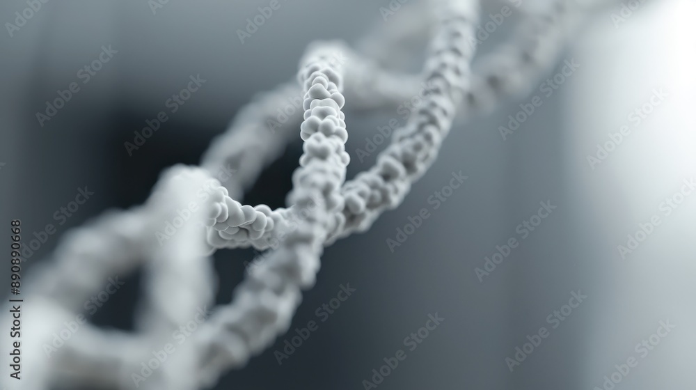 An intricate close-up of a DNA strand, depicted in monochrome colors ...