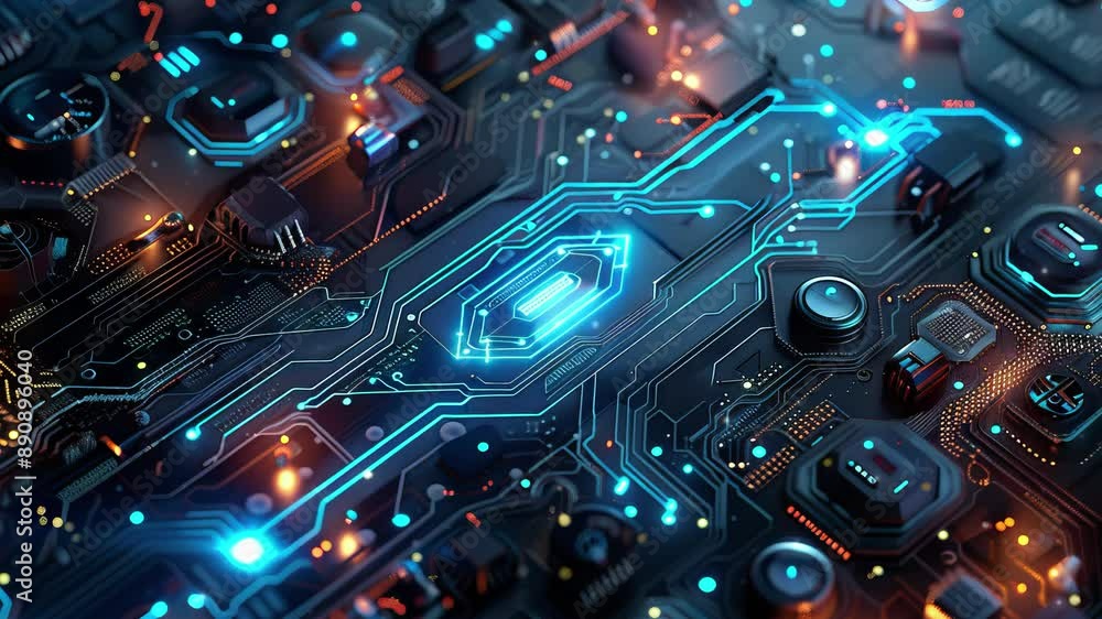 Tech Picture Reference. Abstract Blue Circuit with AI Symbols ...