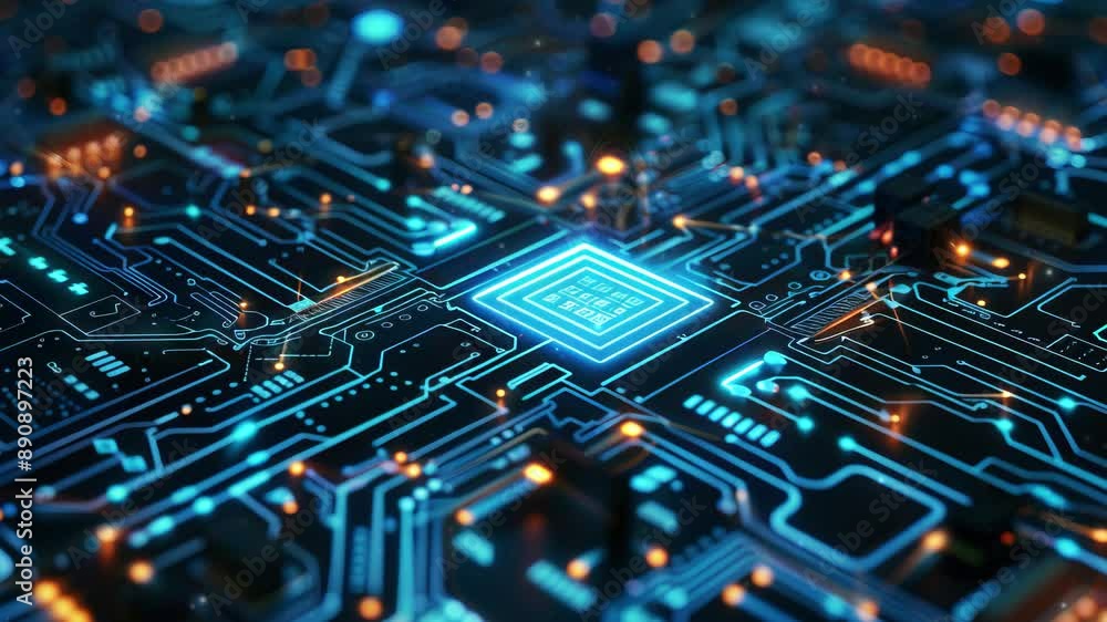 Tech Picture Reference. Abstract Blue Circuit with AI Symbols ...