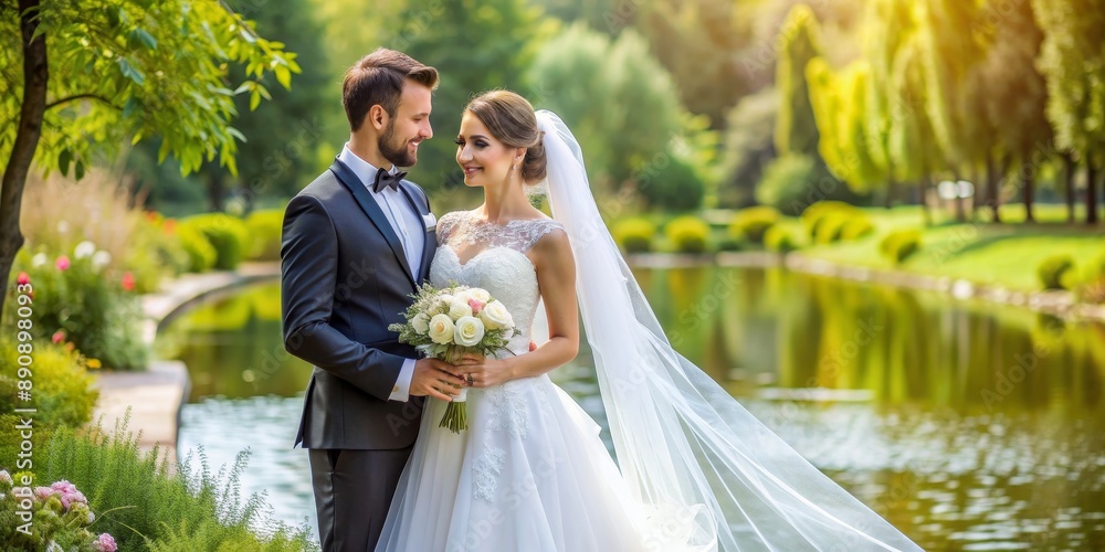 Beautiful bridal photo shoot with couple in elegant wedding attire in a ...