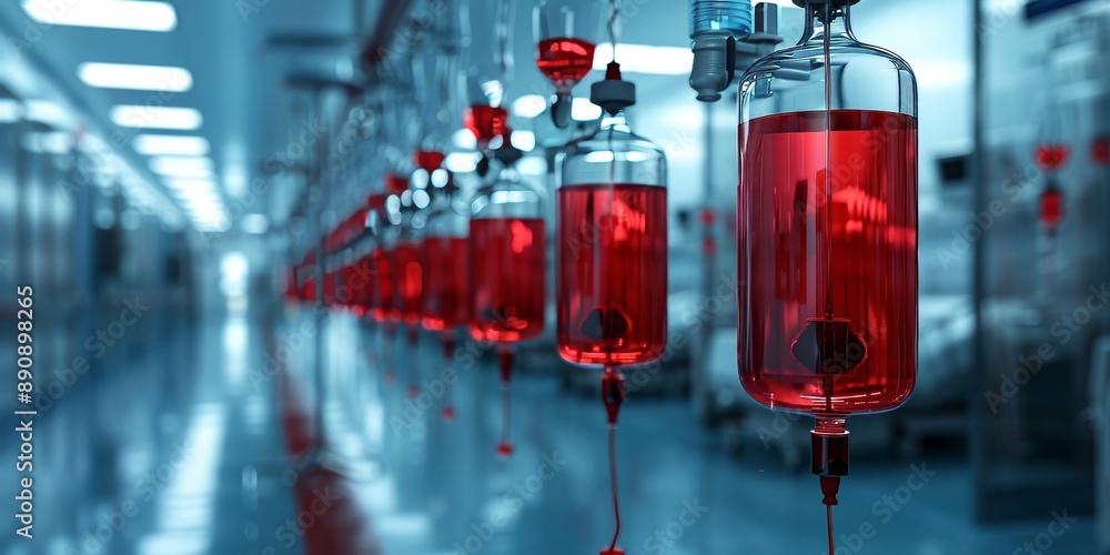 red IV drip bag for blood donation types at hospital recovery room ...