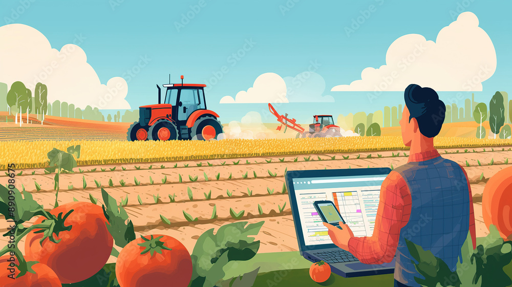 Smart farming concepts of arable land, tractors, laptops and ...