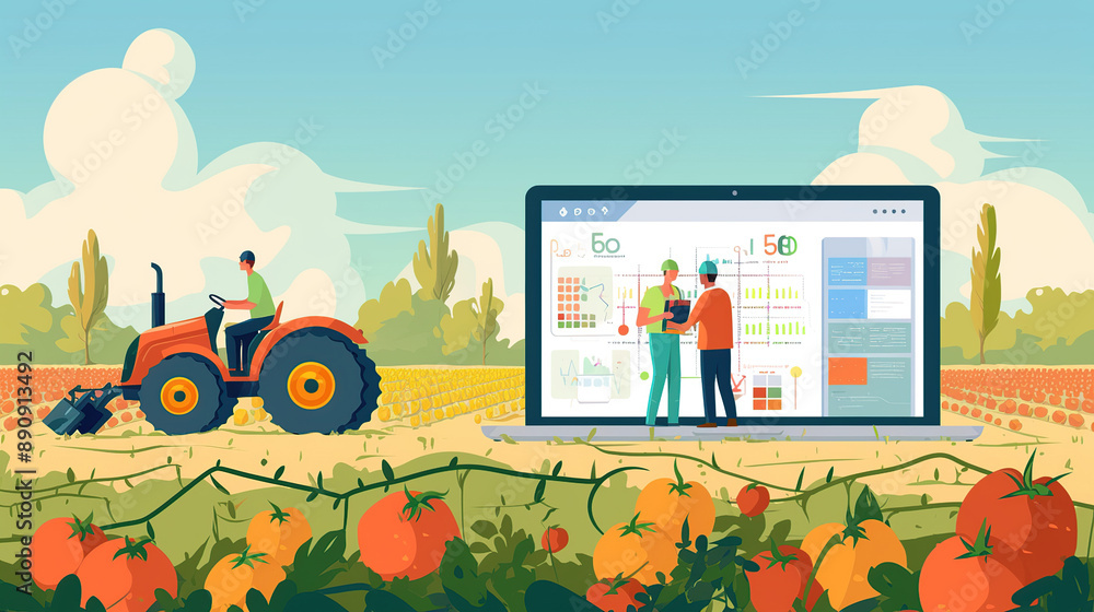 Smart farming concepts of arable land, tractors, laptops and ...