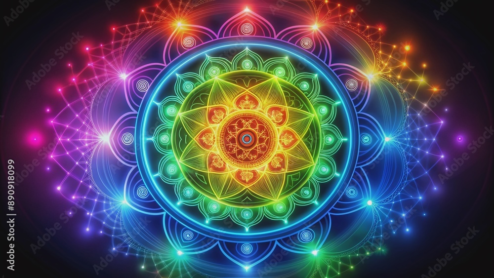 Vibrant neon mandala illuminates seven chakras, aura, and yin yang ...