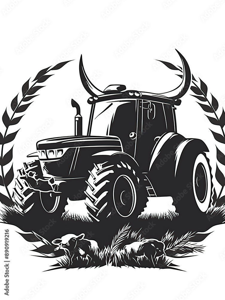 Black and white vector illustrations of cows and tractors Stock ...