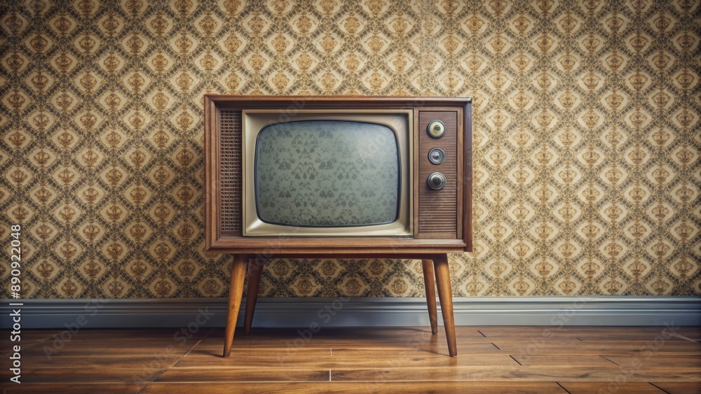 Vintage wooden TV set in a room with old wallpaper , vintage, wooden ...