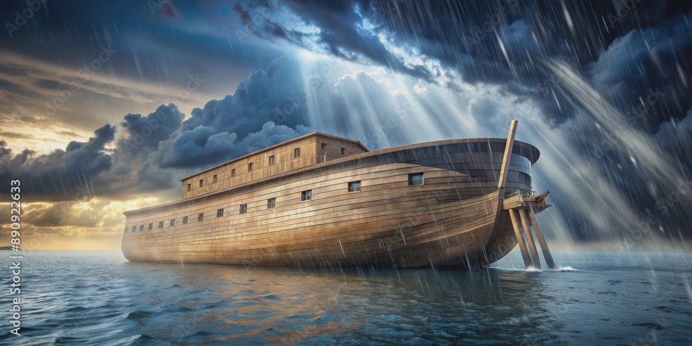 Noah's Ark surrounded by pouring rain during the flood, Noah's Ark ...