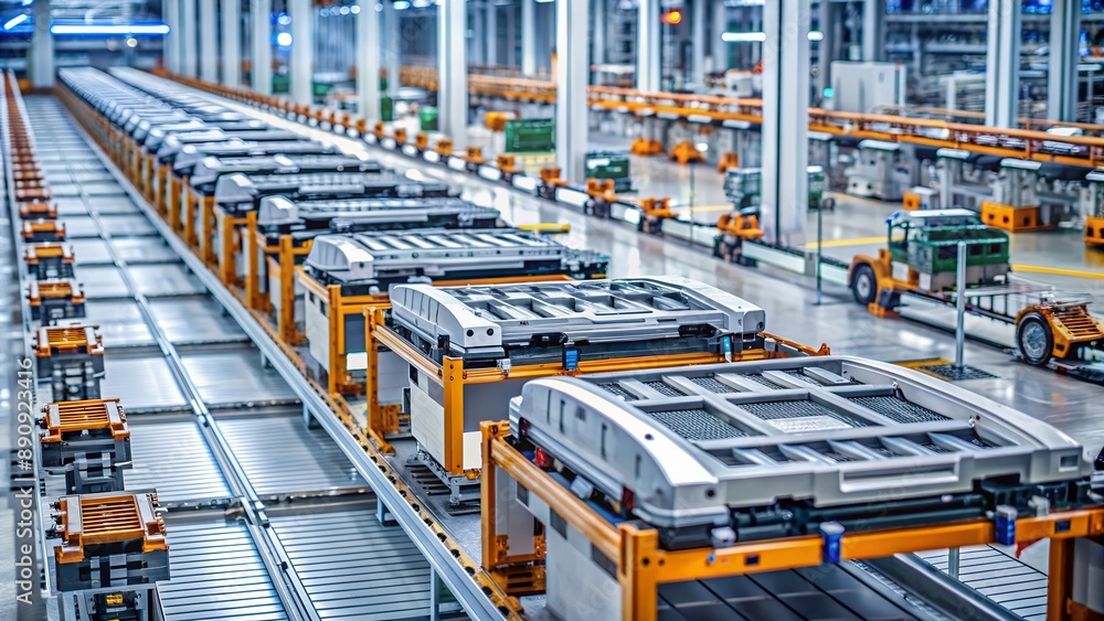 Car factory assembly line producing electric vehicles with automated ...