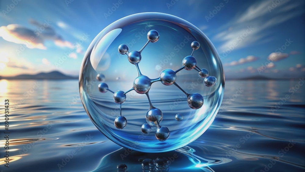 rendering of a molecule inside a water bubble, molecule, water, bubble, science, chemistry ...