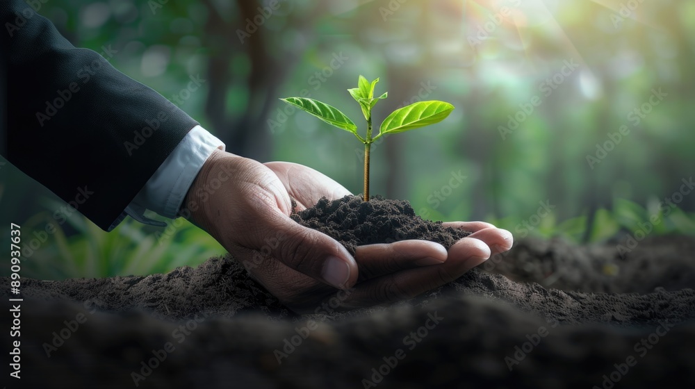 Environmental protection concept, businessman hand hold sapling ...