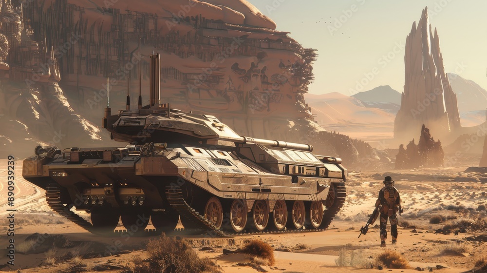 Futuristic High-Tech Tank Patrolling Desert Outpost with Modular Armor ...