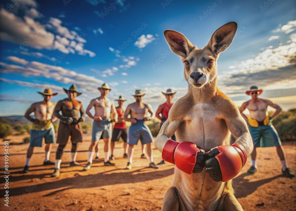 A spirited kangaroo boxer, wearing gloves and a determined expression ...