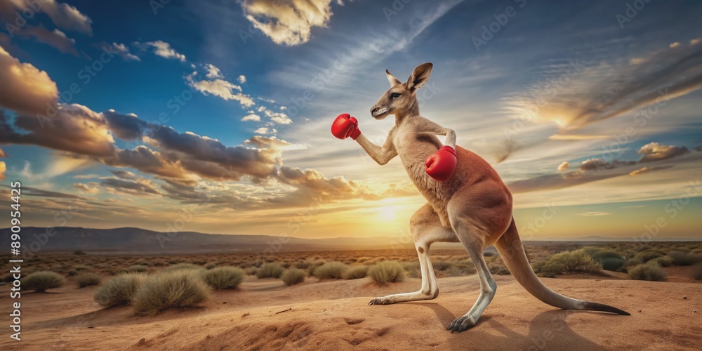 Powerful kangaroo wears red boxing gloves, stands upright on a desert ...