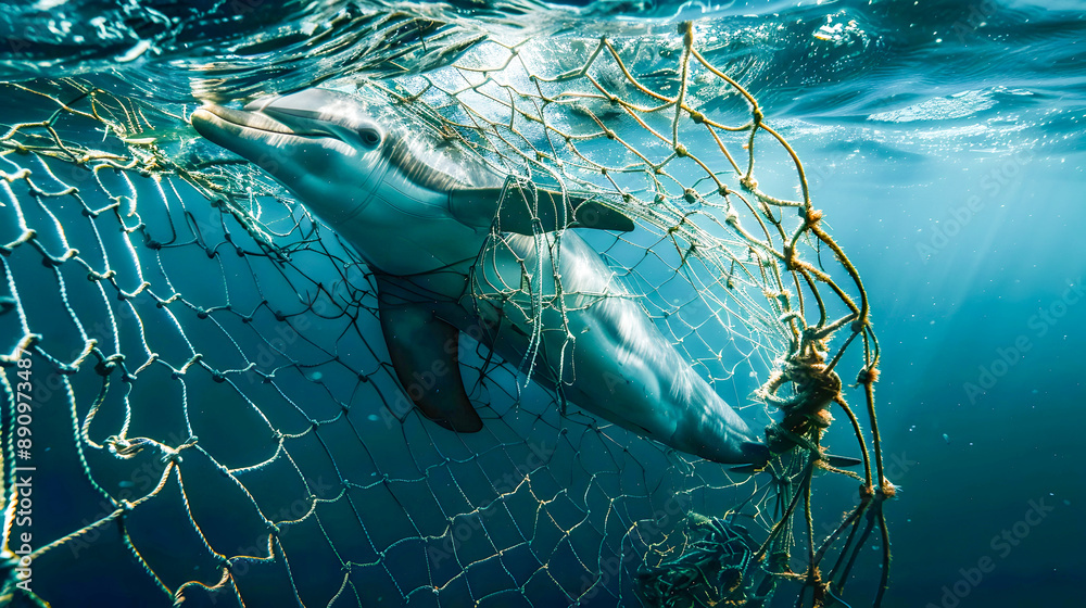 Dolphin caught in a fishing net trapped underwater in the deep blue sea ...