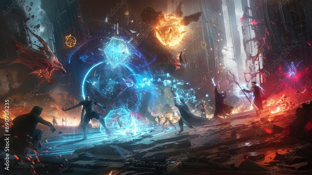 Arcane constructs of crystalline magic and ancient runes battling in a ...