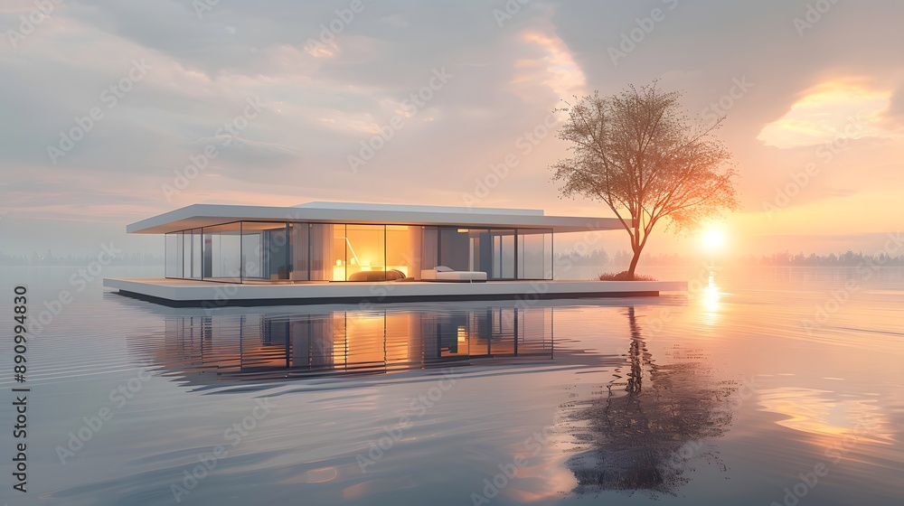 Modern floating house, minimalist architecture, expansive glass windows ...