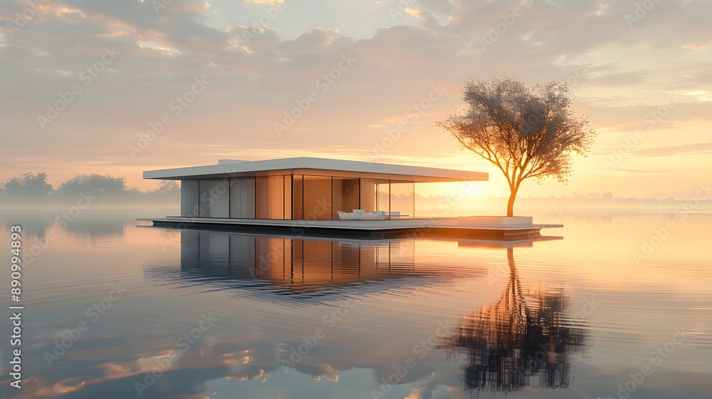 Modern floating house, minimalist architecture, expansive glass windows ...