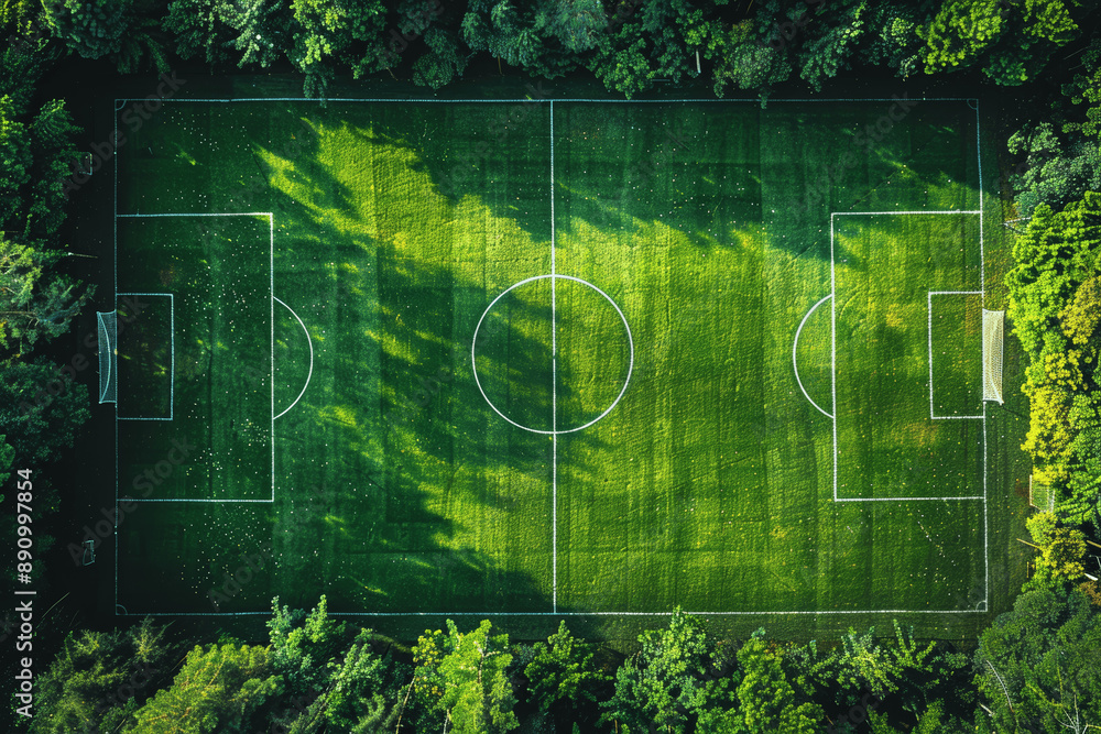 green soccer field from above with white lines and text space - short ...
