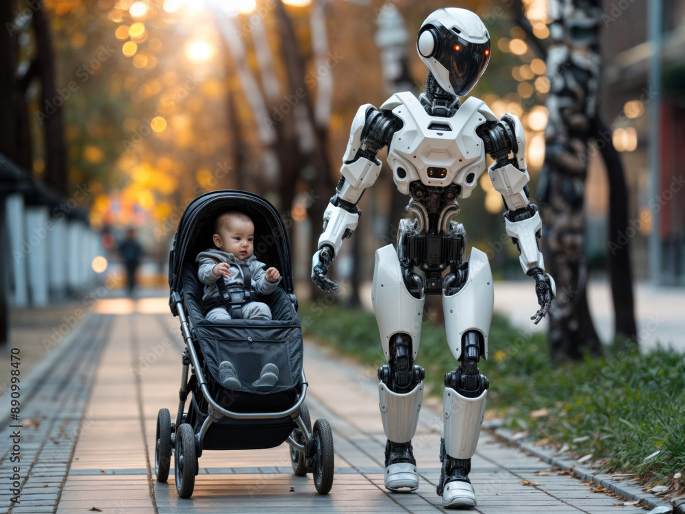 Robô levando bebê para passear na rua no carrinho de bebê, evidenciando ...